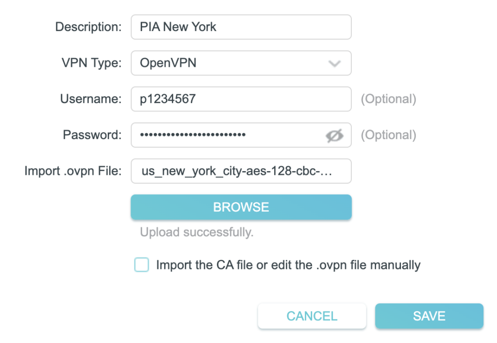 PrivateInternetAccess (PIA) TP-Link OpenVPN Setup